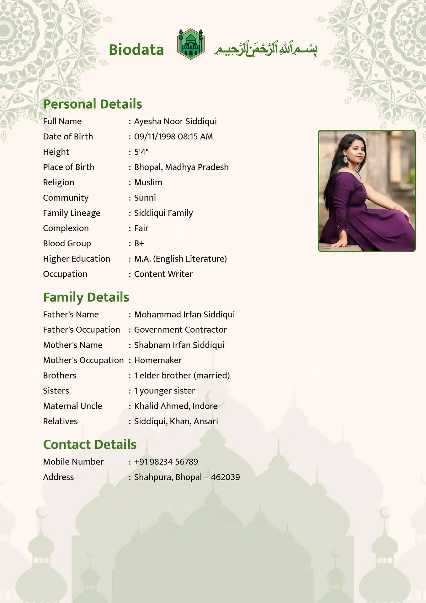 Muslim Marriage Biodata - Free Maker & Templates
